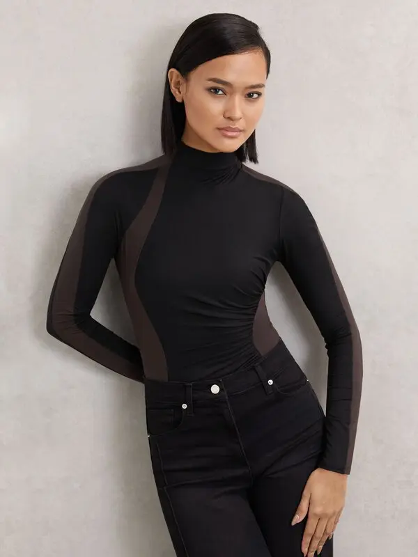 REISS Stretch-lyocell Jersey Ruched Bodysuit - Black/chocolate Brown
