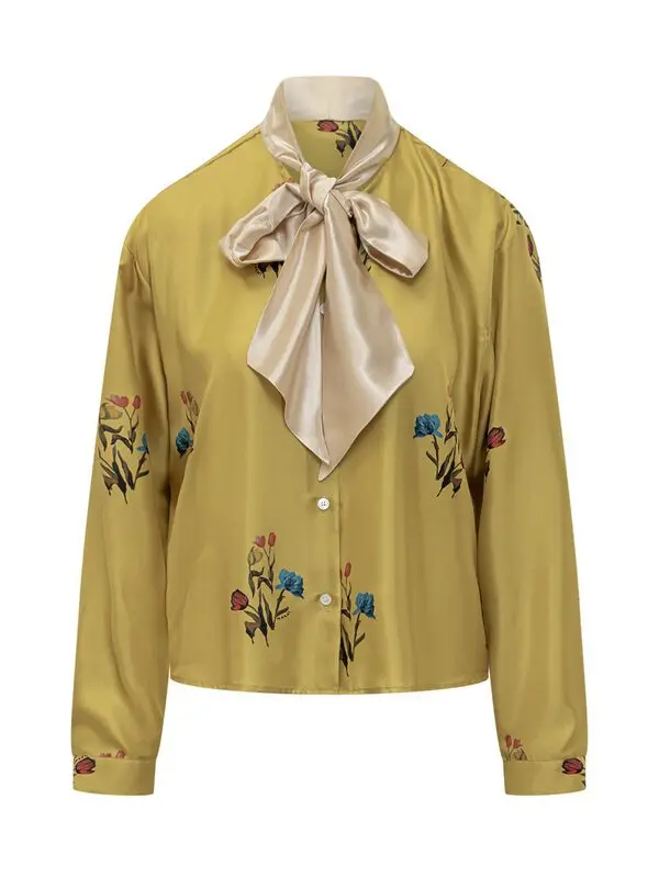 Marni Silk Shirt With Bow And Floral Print - Yellow