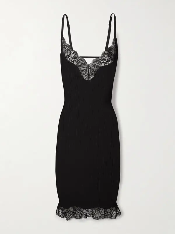 Saint Laurent Lace-trimmed Ribbed Silk-jersey Mini Dress - Black