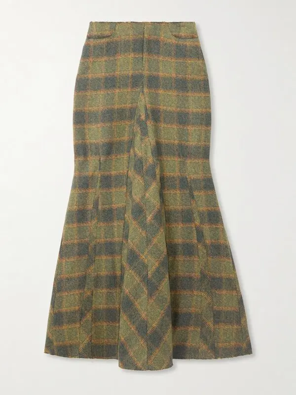 Our Legacy Rebel Distressed Paneled Checked Cotton-flannel Midi Skirt - Green
