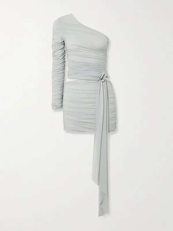 MAYGEL CORONEL Socarras Appliquéd Ruched Stretch-mesh One-shoulder Top And Mini Skirt Set - Gray