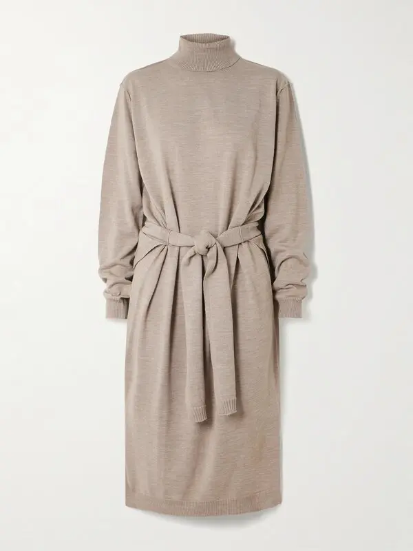 LEMAIRE Belted Wool-blend Turtleneck Midi Dress - Brown