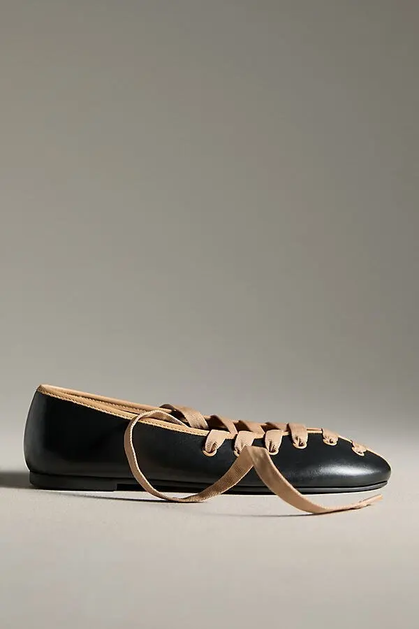 Maeve Contrast Lace-up Ballet Flats - Black