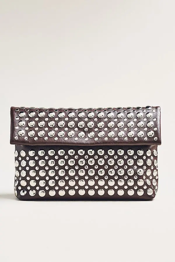Anthropologie Studded Foldover Clutch - Brown/silver