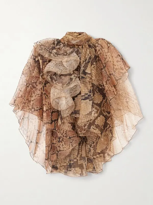 Zimmermann Ruffled Layered Snake-print Silk-chiffon Blouse - Neutrals