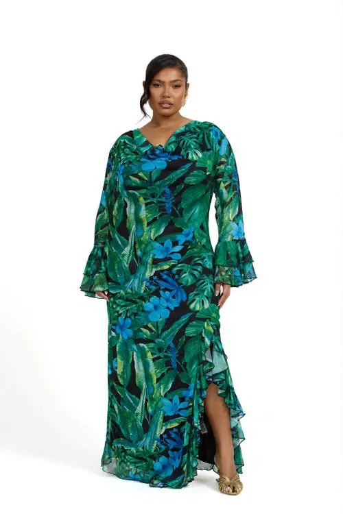 FASHION-SZN CURVE Ruffle Cowl Neck Palm Print Maxi Dress