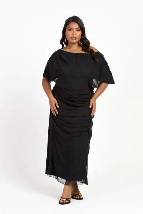 FASHION-SZN CURVE Drop Shoulder Ruched Mesh Midaxi Dress