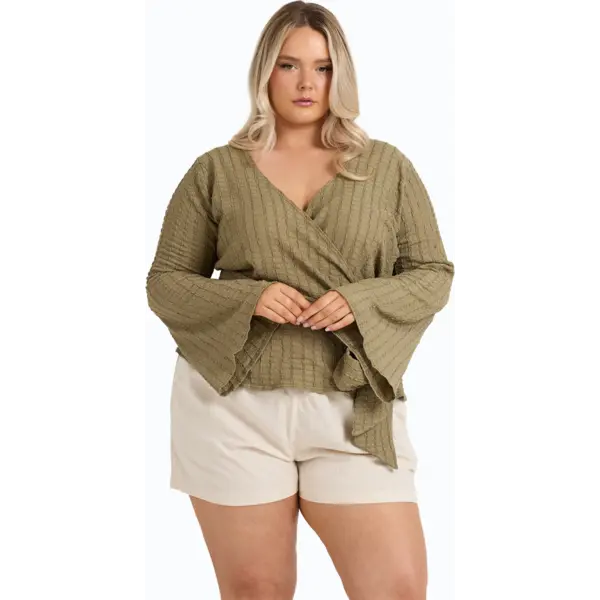 FASHION-SZN CURVE Kimono Wrap Front Belted Top - Khaki