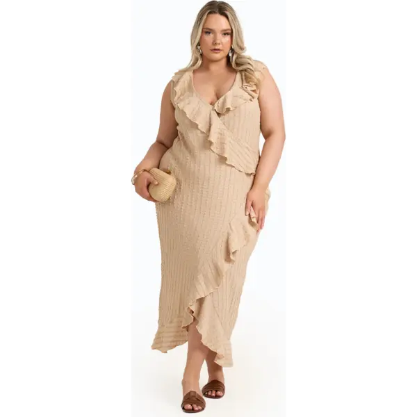 FASHION-SZN CURVE Ruffle Wrap Midi Dress - Stone