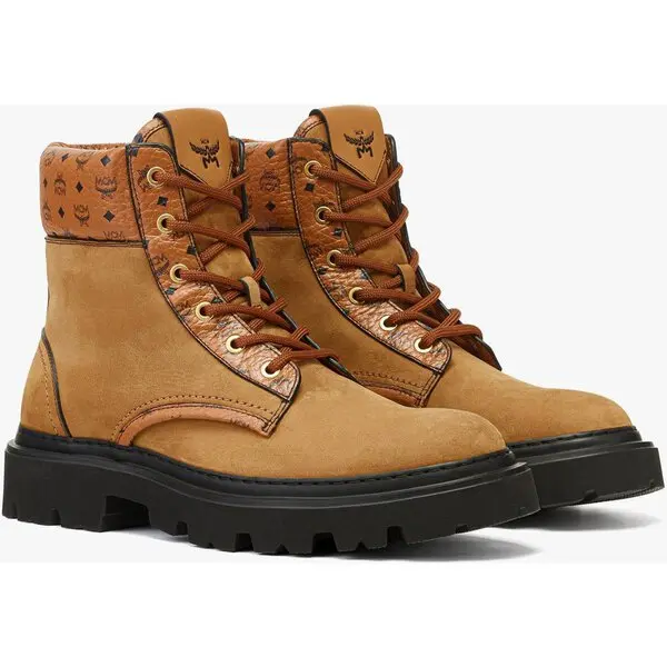 Mcm Ankle Boots In Leather And Monogram Print - Cognac & Offwhite