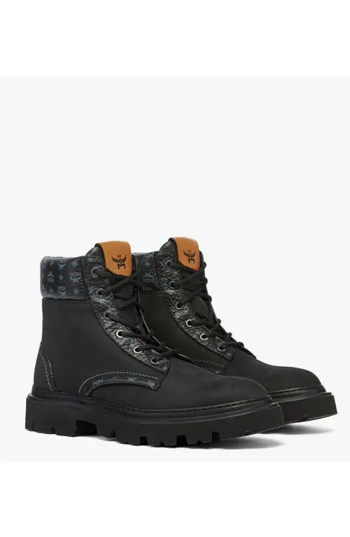 Mcm Ankle Boots In Nubuck And Monogram Print Leather - Black