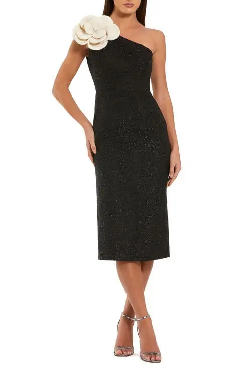 Mac Duggal Boucle Midi Dress With 3d Flower