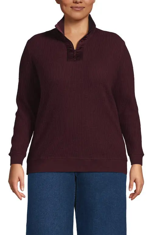 LANDS' END Long Sleeve Waffle Quarter Zip Pullover - Lush Burgundy