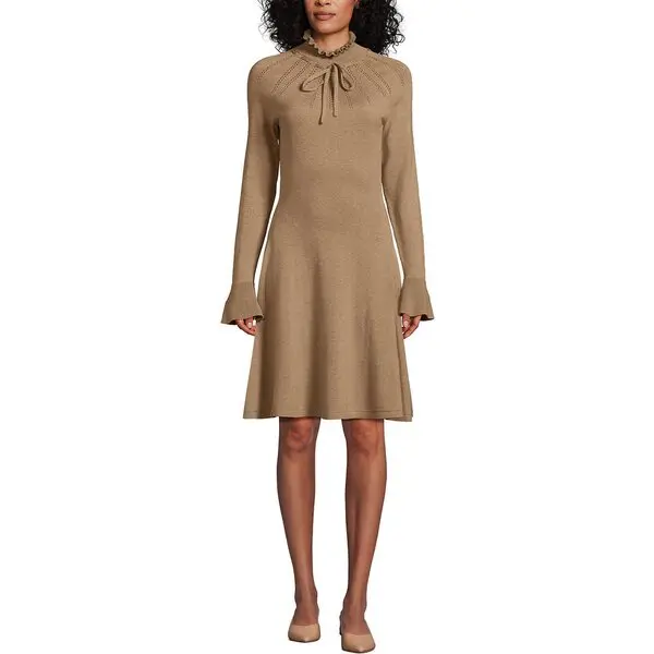 LANDS' END Fine Gauge Cotton Fit And Flare Sweater Dress - Vicuna Heather