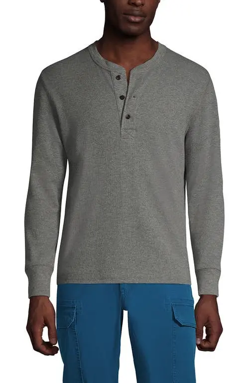 LANDS' END Long Sleeve Thermal Waffle Henley - Pewter Heather
