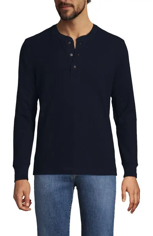 LANDS' END Long Sleeve Thermal Waffle Henley - Radiant Navy
