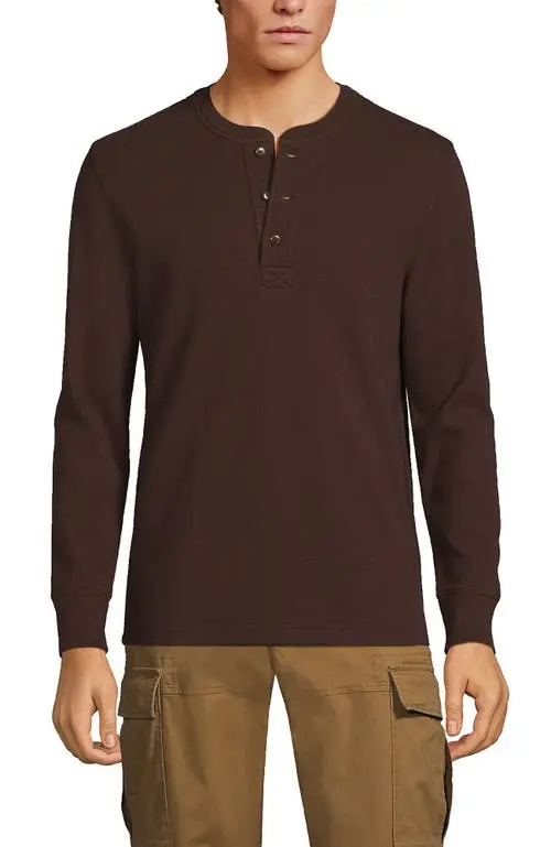 LANDS' END Long Sleeve Thermal Waffle Henley - Rich Coffee