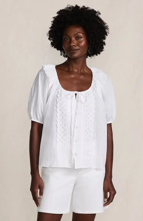 LANDS' END Voile Puff Elbow Sleeve Embroidered Blouse