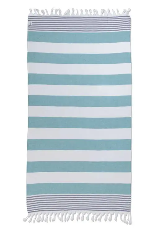INFUSEZEN Marine Striped Organic Turkish Towel With Soft Terry Cloth Lining - Aqua And Navy