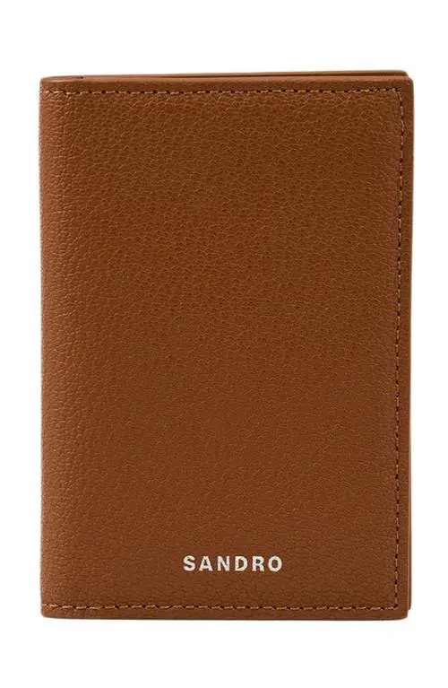 Sandro Grained Leather Foldable Cardholder - Cognac