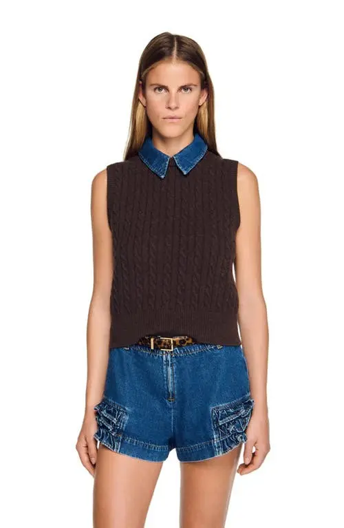 Sandro Cable Knit Jumper With Denim Collar
