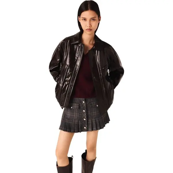 Maje Cracked Faux Leather Jacket - Dark Brown