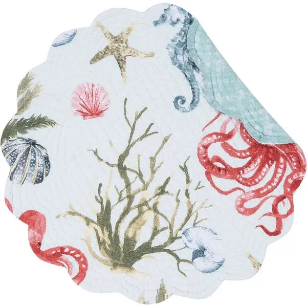 C&F HOME Behari Coastal Sea Life Cotton Quilted Round Reversible Placemats, Set Of 6 - Blue