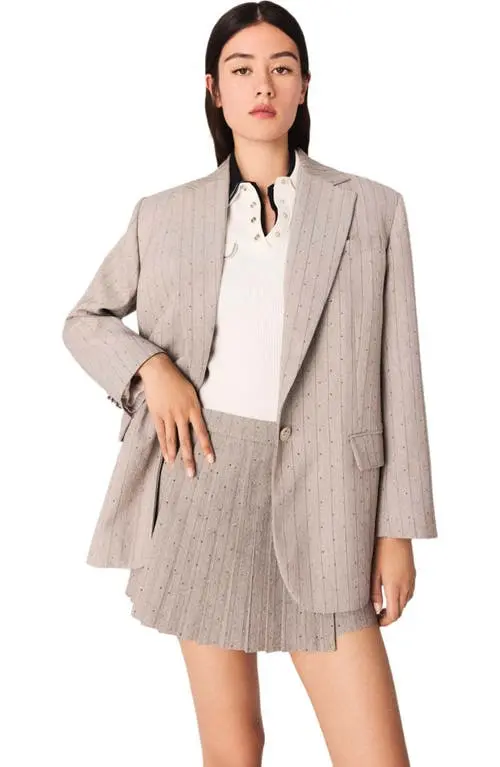 Maje Rhinestone Striped Suit Blazer - Light Grey