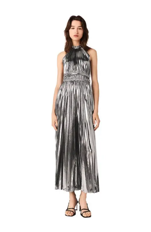 Maje Pleated Lamé Maxi Dress