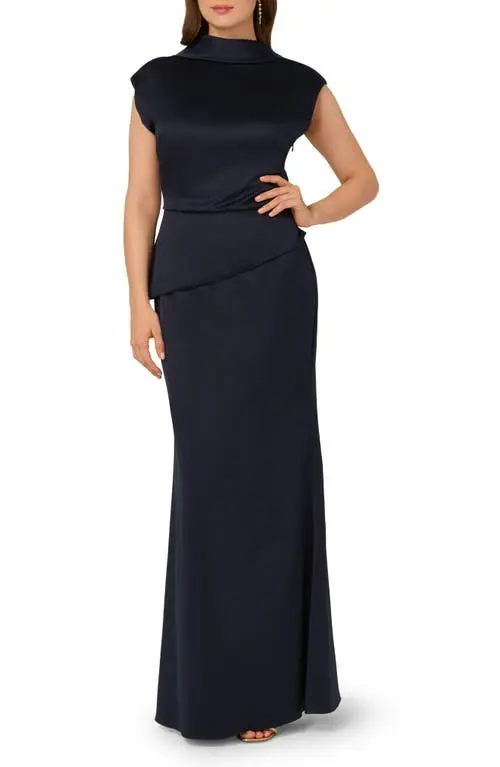Adrianna Papell Popover Satin Crepe Gown - Dark Navy