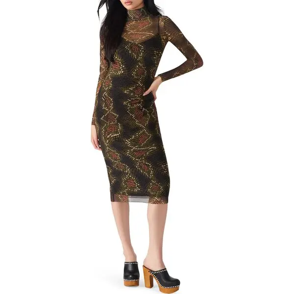 Steve Madden Vivienne Snake Print Mesh Midi Dress - Fossil Brown