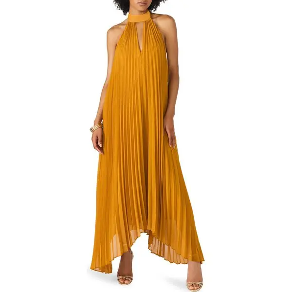 Steve Madden Maraya Pleated Halter Maxi Dress - Tuscan Gold