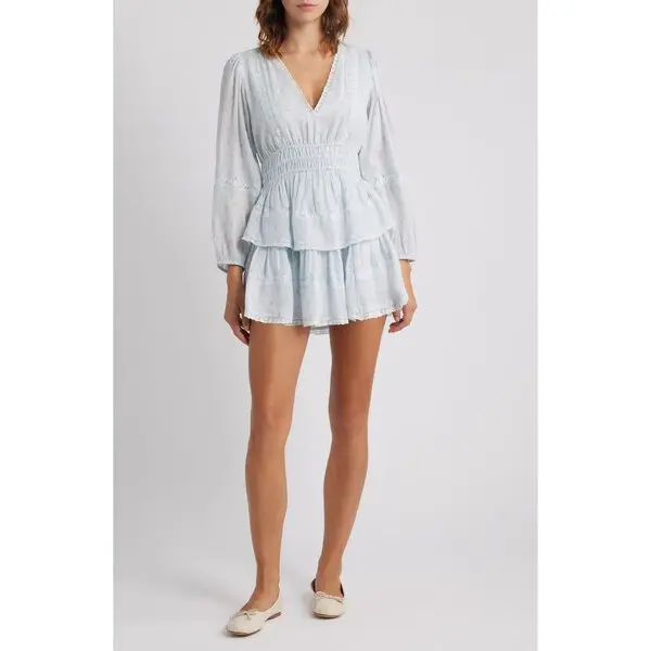 LoveShackFancy Rosamina Floral Tiered Mini Dress - Cider Sky