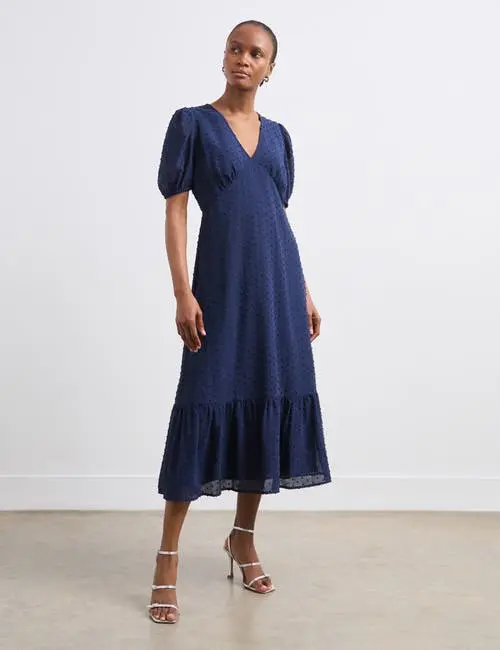 FINERY LONDON Loretta V-neck Georgette Midi Dress - Navy