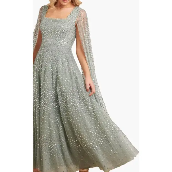 NEEDLE & THREAD Scatter Dot Cape Sleeve Ankle Gown - Laurel