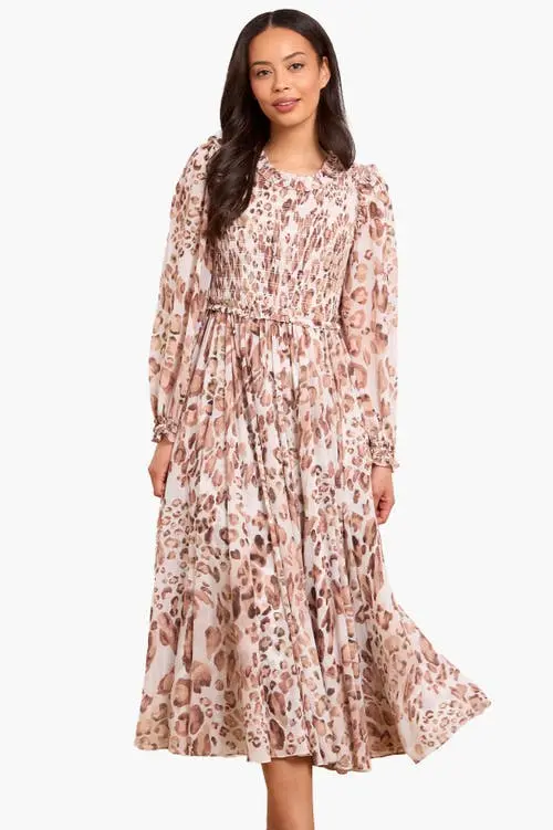 NEEDLE & THREAD Leopard Chiffon Smocked Ballerina Dress - Moonshine