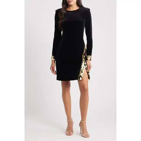Vince Camuto Paillette Detail Long Sleeve Velvet Cocktail Dress In Black -  50% Off | Editorialist