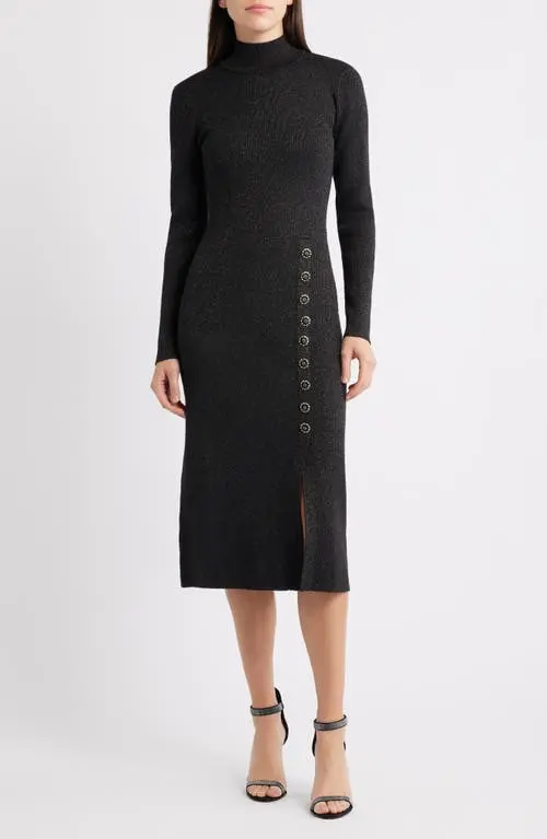 Elie Tahari Chaya Metallic Button-detailed Long-sleeve Sweater Dress - Noir Black/gold Lurex