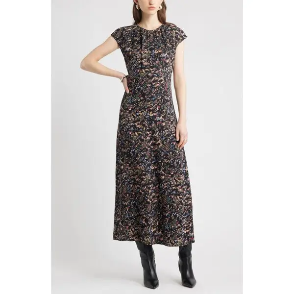 Nordstrom Shirred Cap Sleeve Maxi Dress - Black Multi Feather Abstract
