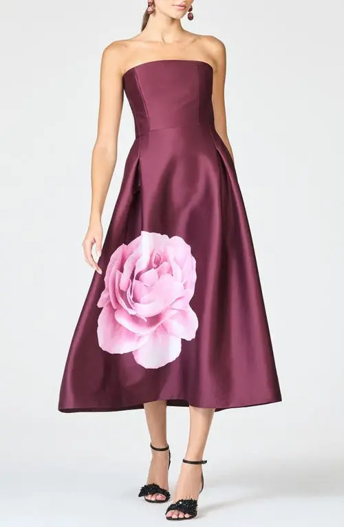 Sachin & Babi Shay Floral Strapless Cocktail Midi Dress - Bordeaux Esperance