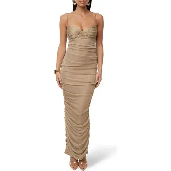 looking for a gold dress Mac Duggal Long Sleeve Off the Shoulder Metallic Gown main image 1