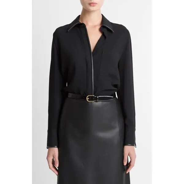 Vince Faux Leather Trim Button-up Shirt