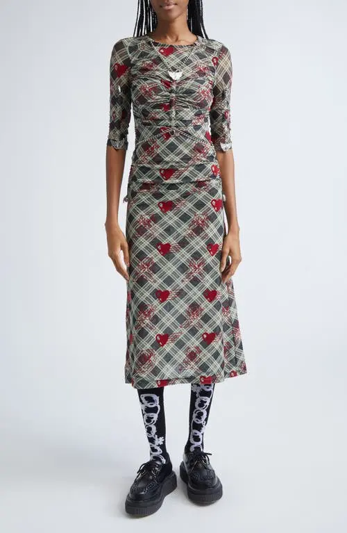 CHOPOVA LOWENA Sonicscape Bunny Plaid Flocked Mesh Dress - Green Multi