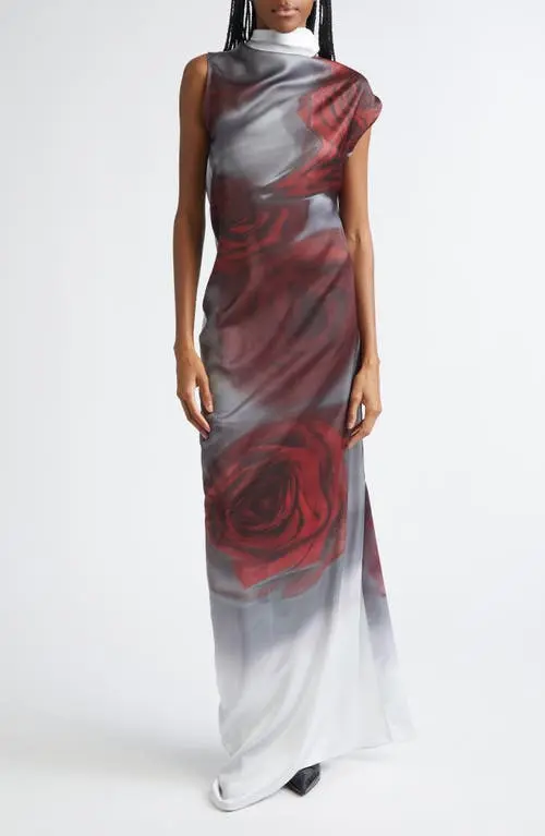 Jean Paul Gaultier Roses Draped Satin Dress - White/grey/red