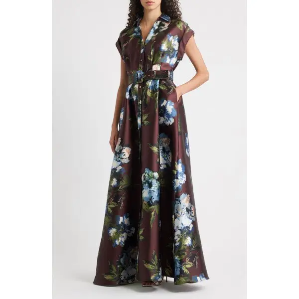 Julia Jordan Floral Print Belted Satin Gown