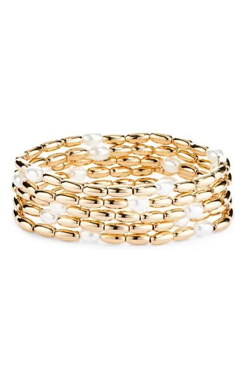 OPEN EDIT Cultured Pearl Beaded Stretch Bracelets Set Of 5 - White- Gold