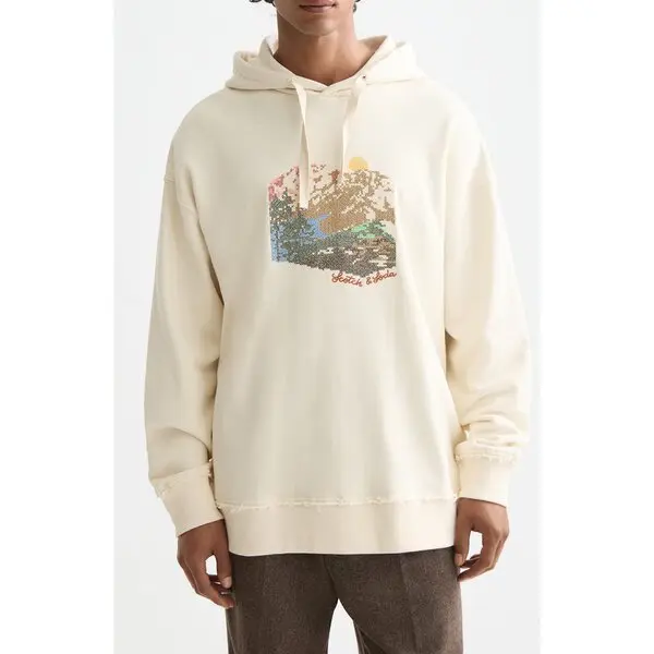 Scotch & Soda Loose Fit Embroidered Cotton Fleece Hoodie - Eggnog
