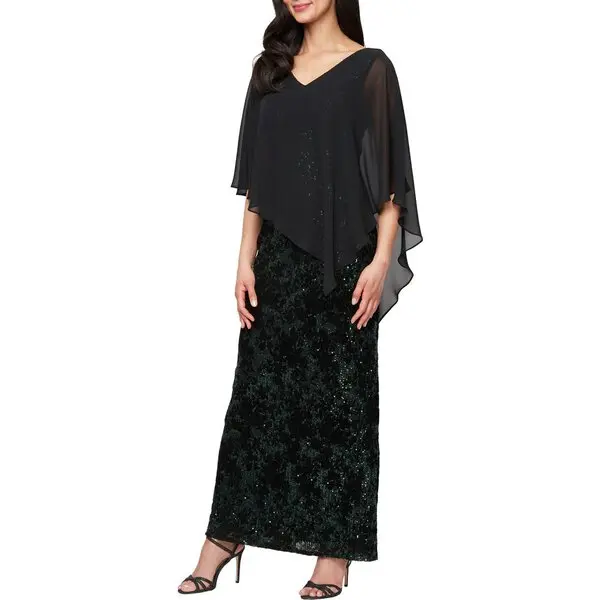 SL FASHIONS Chiffon Capelet Sequin Gown