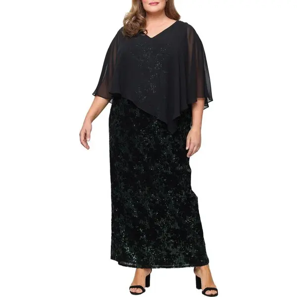 SL FASHIONS Chiffon Capelet Sequin Gown