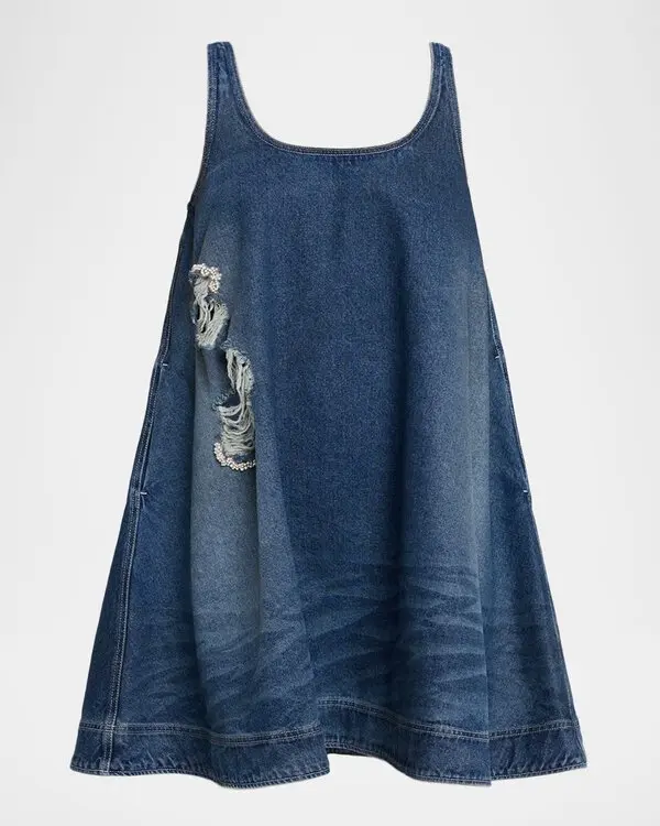 Simone Rocha Distressed Denim A-line Mini Dress - Blue